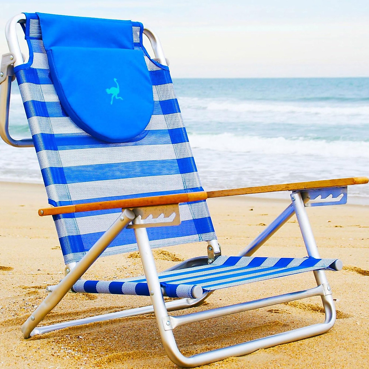 Ostrich South Beach Sand Chair, Beach Reclining Lawn Chair w/Carry Strap, Outdoor Furniture for Pool, Camping, or Backyard, Blue