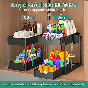 Omloon Under Sink Organizers and Storage,2 Tier Sliding Basket Bathroom Organizer, Under Cabinet Storage Rack with Hooks, Hanging Cup Multi-purpose Drawer Shelf for Bathroom Kitchen Countertop, Black