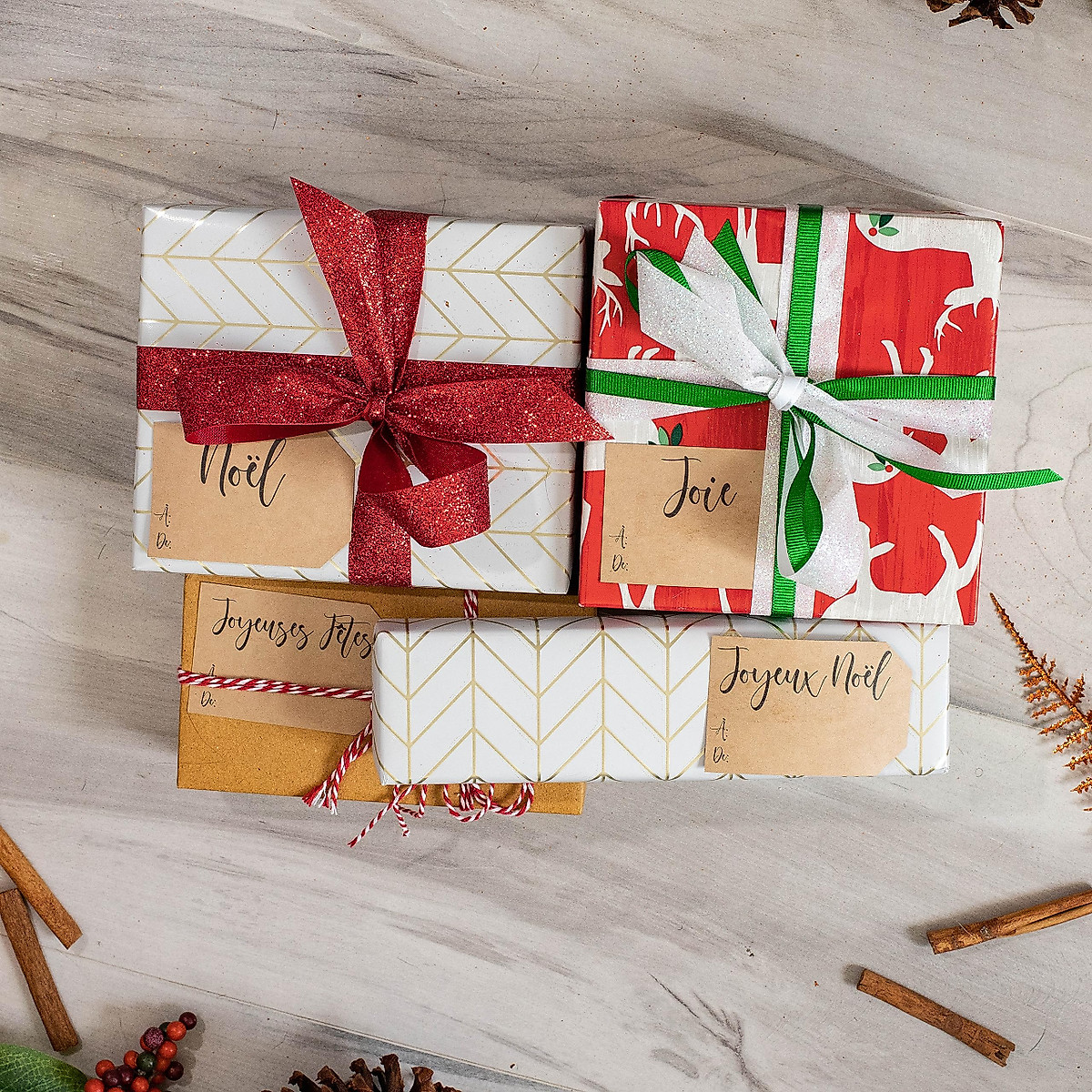 French Natural Kraft Charming Christmas Holiday Gift Tag Stickers 2 x 3 Inch 100 Total Labels