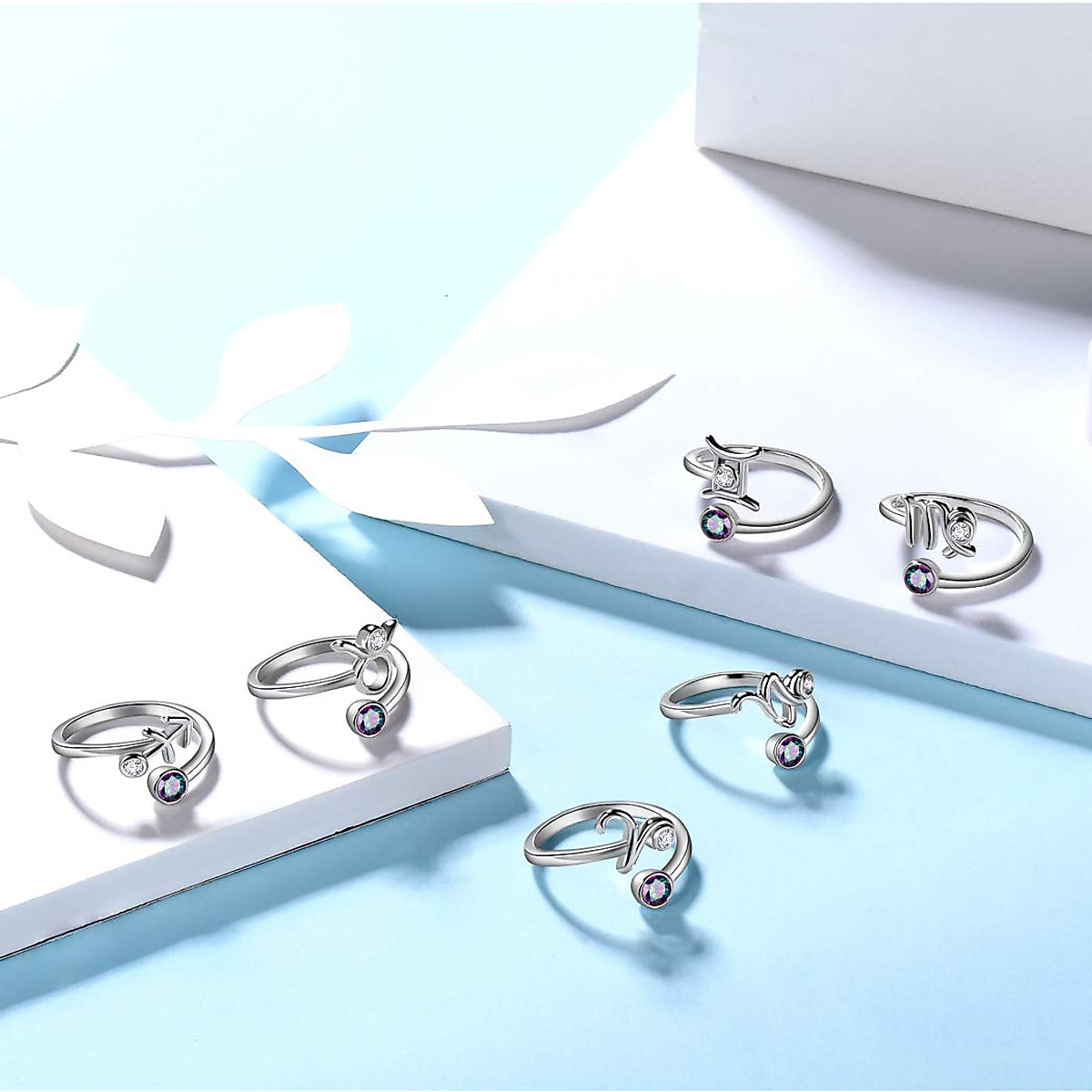 Taurus Zodiac Sign Adjustable Ring Mystic Rainbow Stacking Ring for Women White Gold Over 925 Sterling Silver Constellation Birth Month Ring Jewelry for Birthday Mothers Day Gift for Mom FR036J