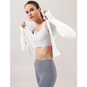 Gacaky Women's Slim Fit Lightweight Athletic Full Zip Stretchy Workout Running Track Jacket with Thumb Holes White S