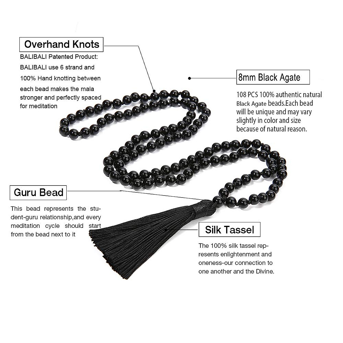 BALIBALI 8MM Beads Chakra Long Mala Necklace Natural Stone Meditation Statement Necklace Japa Yoga Rosary Prayer Charm Beaded Tassel Necklace (Black Agate)