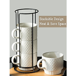 Gomakren Stackable Coffee Mugs Set with Stand, Coffe Cup with Tea Spoon 13 Ounce Cups for Cappuccino Coffee Drinks Tea, Set of 4, White Gift for Man Women 380ml