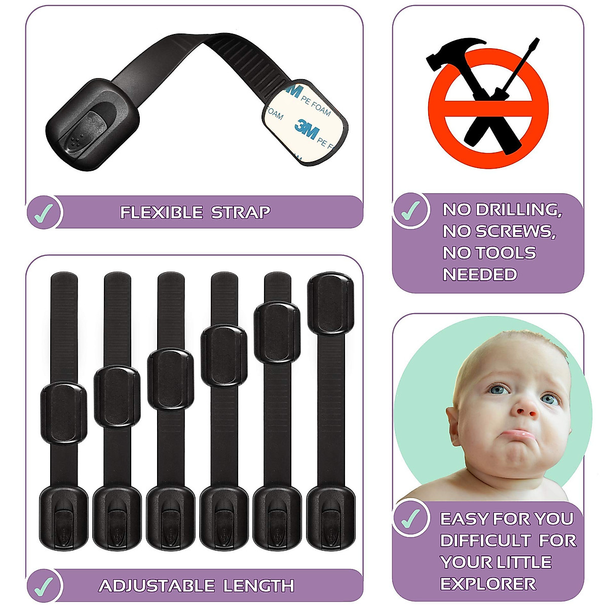 Baby Proofing Safety Cabinet Locks - Child Proof Latches for Dresser Drawer Cupboard Doors Closet Oven Refrigerator Fridge - Adjustable Childproof Straps by Oxlay - Black - 6 Pcs