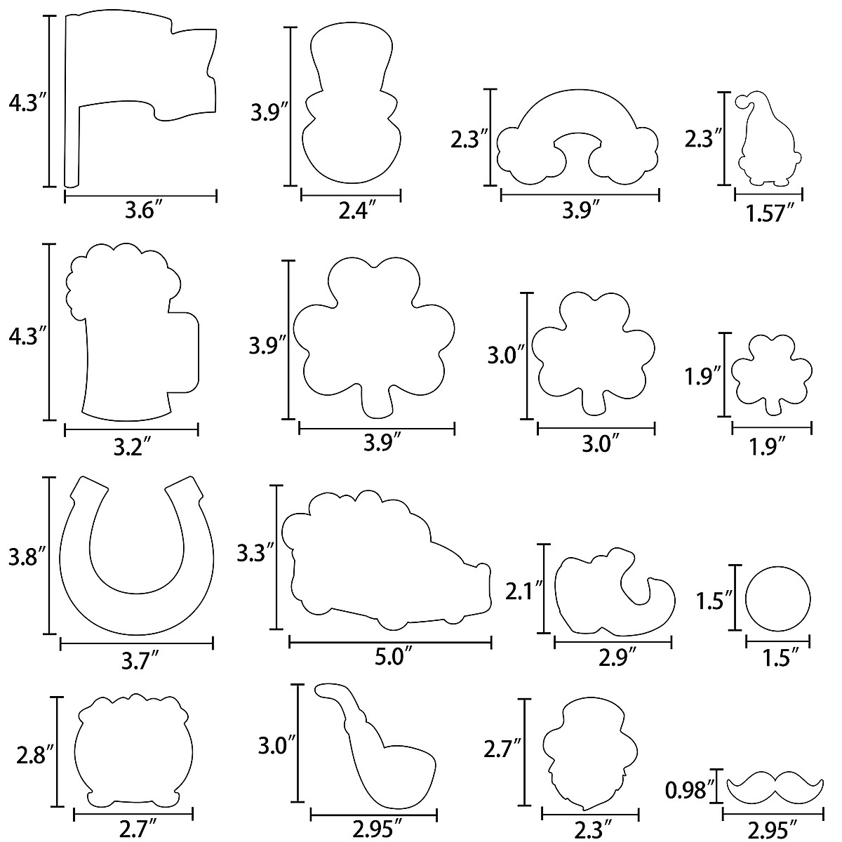 16PCS St.Patrick's Day Cookie Cutter Set Irish Party Supplies - Shamrock Leprechaun Coin Rainbow Beer Flag Horseshoe Design