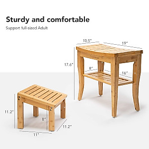 OasisSpace Bamboo Shower Bench with Underneath Storage Shelf, Wood Spa Bath Organizer Seat with Foot Stool, Perfect for Indoor or Outdoor