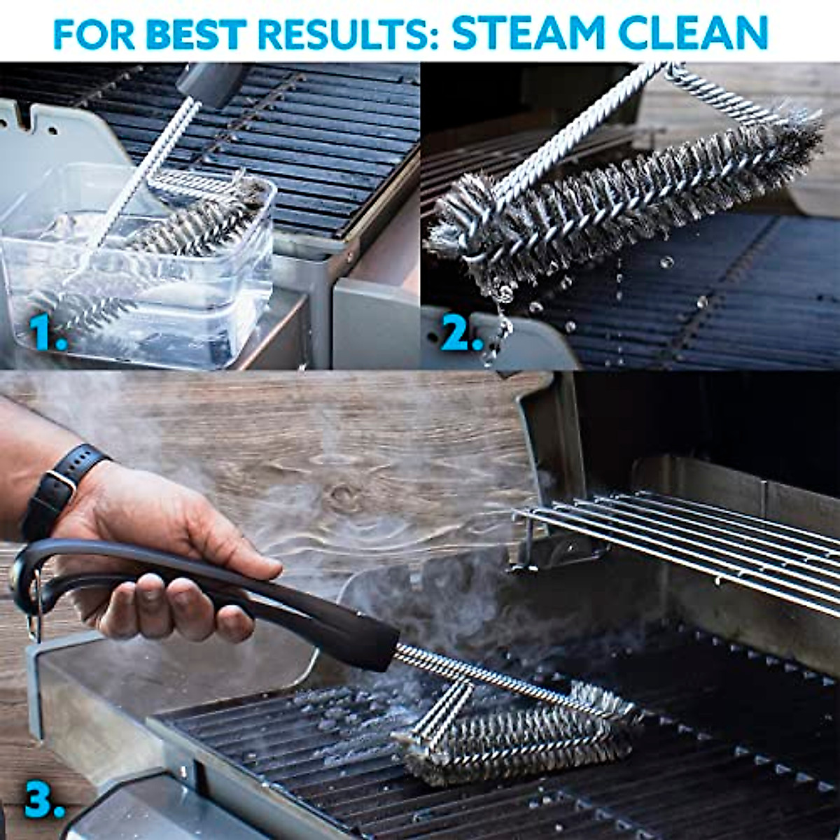 Kona 360 Clean Grill Brush - A Clean Grill in 30 Seconds Or Less - 18 inch Best BBQ Brush - Stainless Steel 3-in-1 Grill Cleaner for Effortless Cleaning