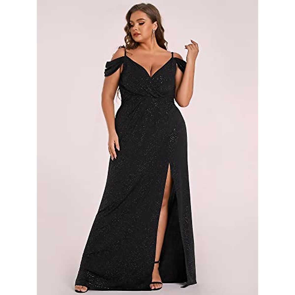 Ever-Pretty Plus Women's Curve V-Neck Cap Sleeves Leg Slit Long Plus Size Dress for Women Formal Black US22