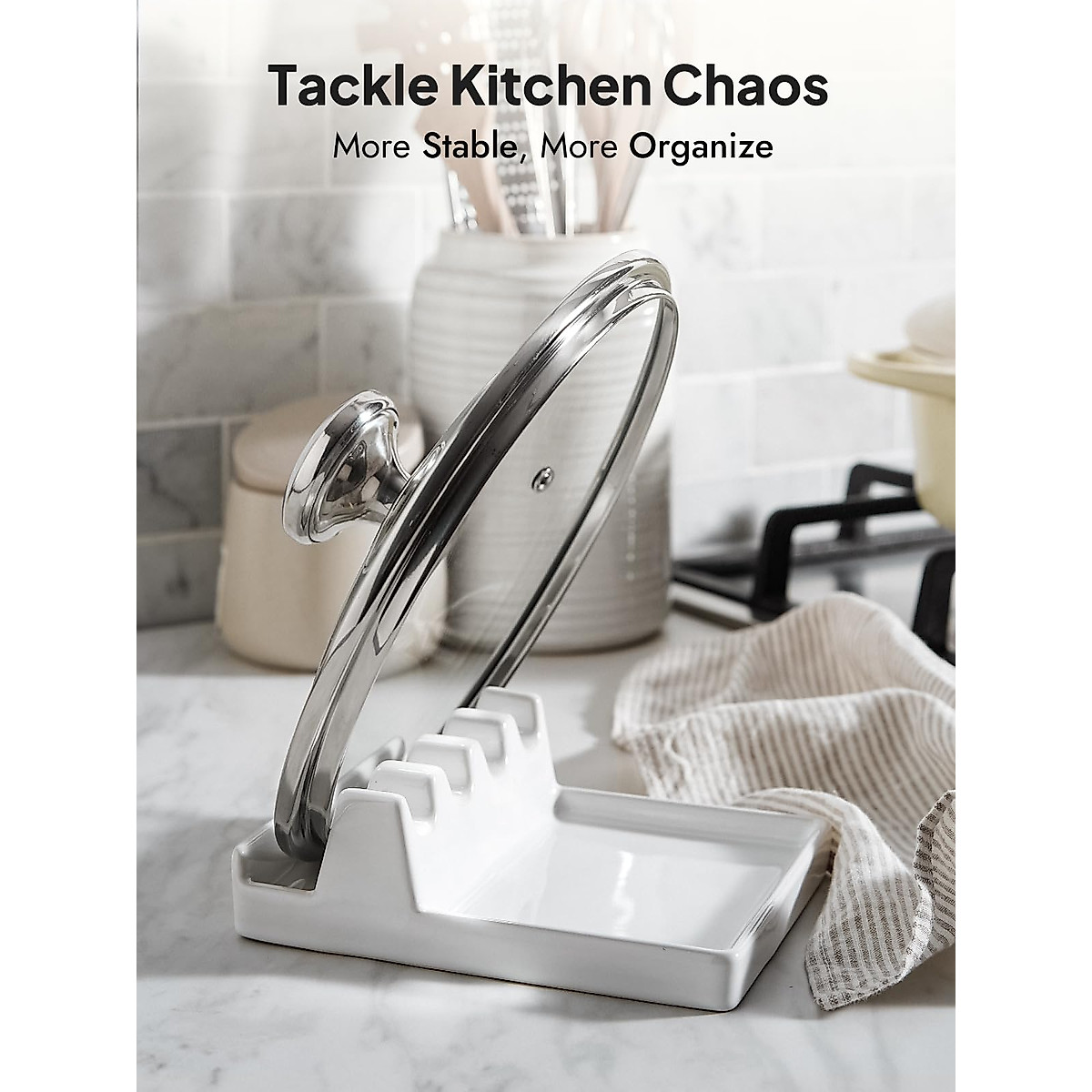 LE TAUCI Ceramic Spoon Rest for Stove Top, Spoon and Lid Rest for Kitchen Counter, Spoon Holder with Drip Pad for Multiple Utensils, Heat-Resistant, Housewarming Present - 6.2 inch, Set of 1, White