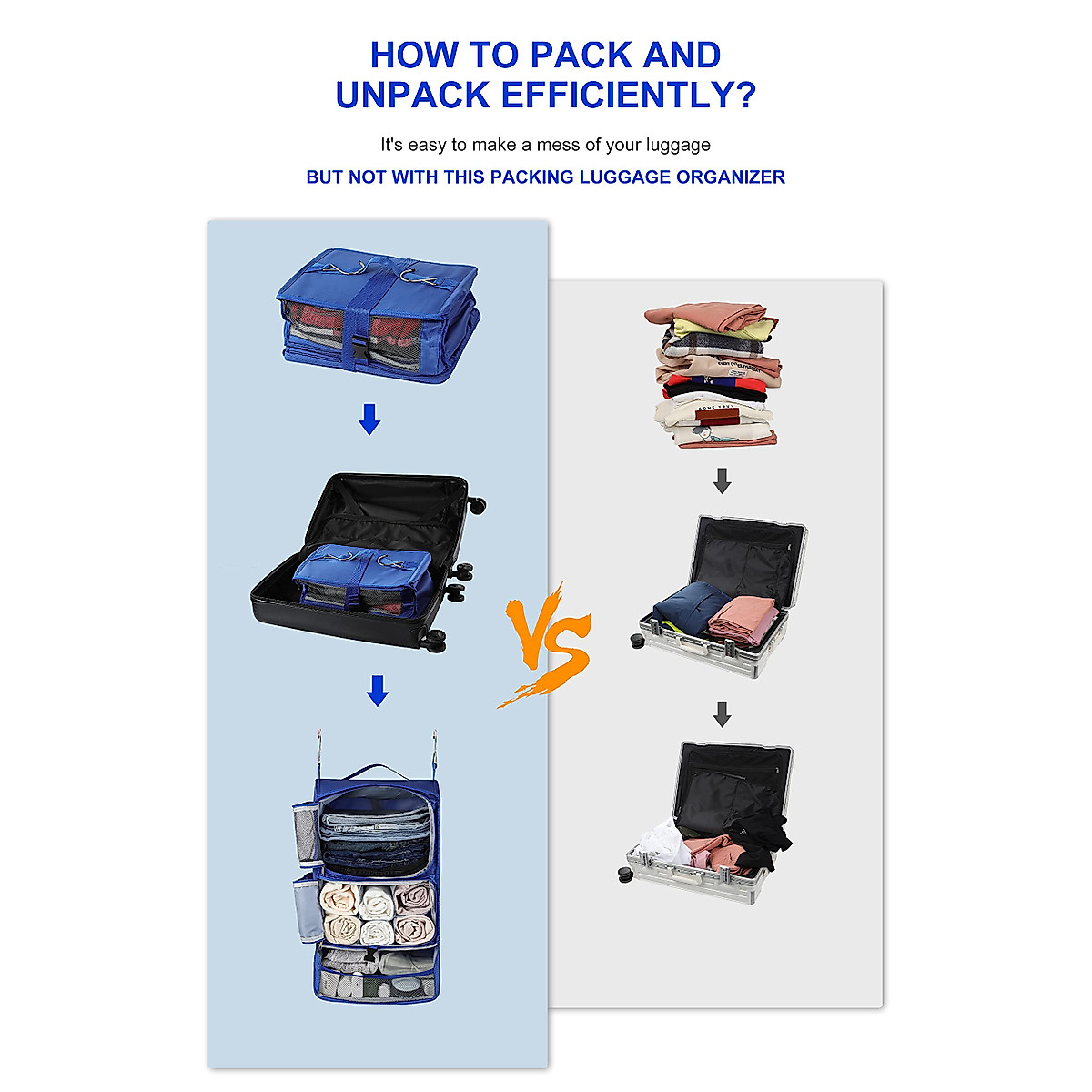 ELEZAY Hanging Packing Cubes Transformable Garment Closet Organizers Storage for Suitcases Carry on Luggage Compression Travel Bag with Shelves for Hotel Wardrobe Camper Accessories X-Large, Blue