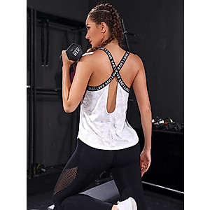 SweatyRocks Women's Activewear Letter Print Criss Cross Backless Tank Top Workout Out Sports Shirt White L