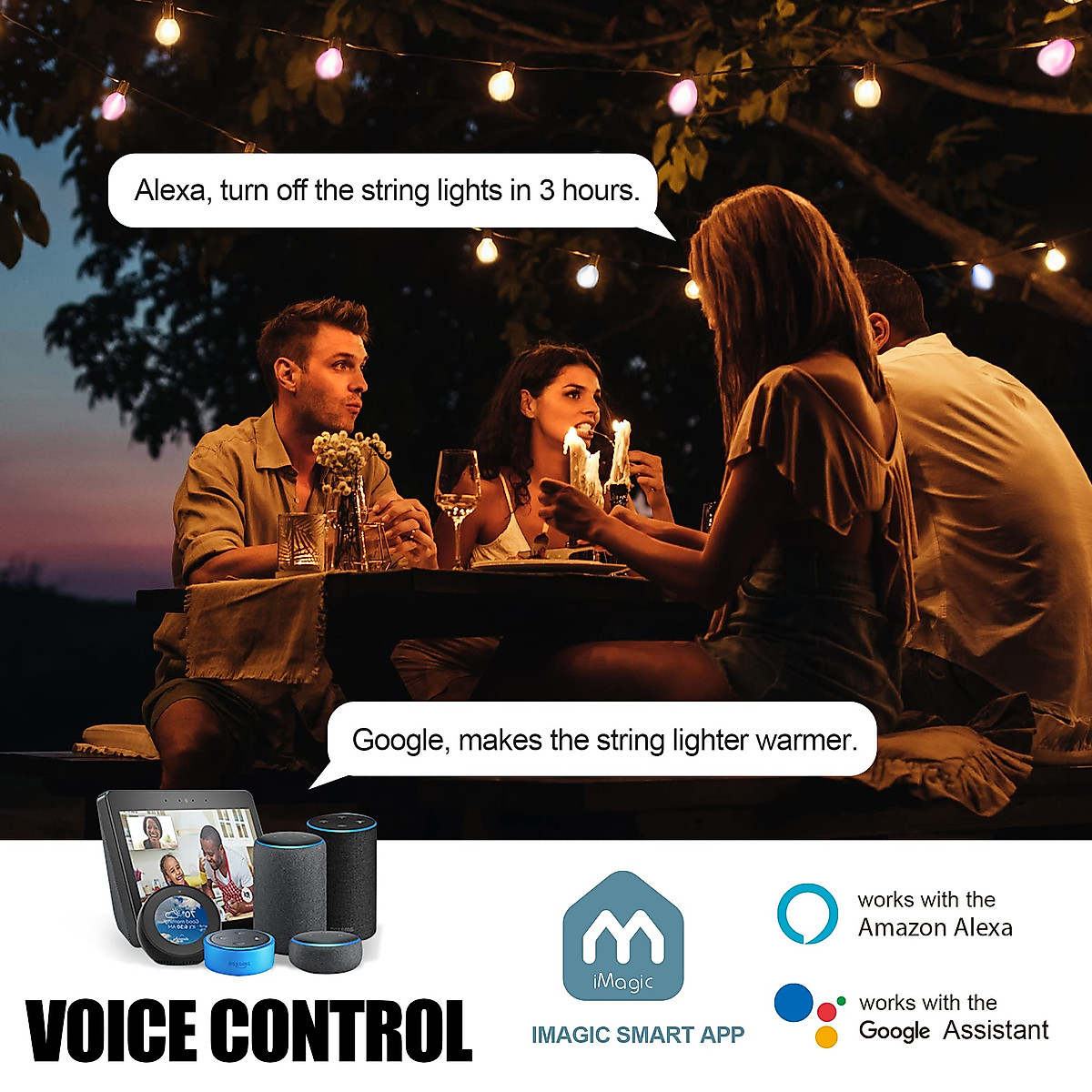 iMagic Outdoor String Lights, 98 Ft Smart RGB Patio Lights, 30 LED Bulbs Multi Color String Lights, for Alexa/Google Assistant, App Control, 2.4 GHz Only, IP65 Waterproof, Meet to U.S. Standards