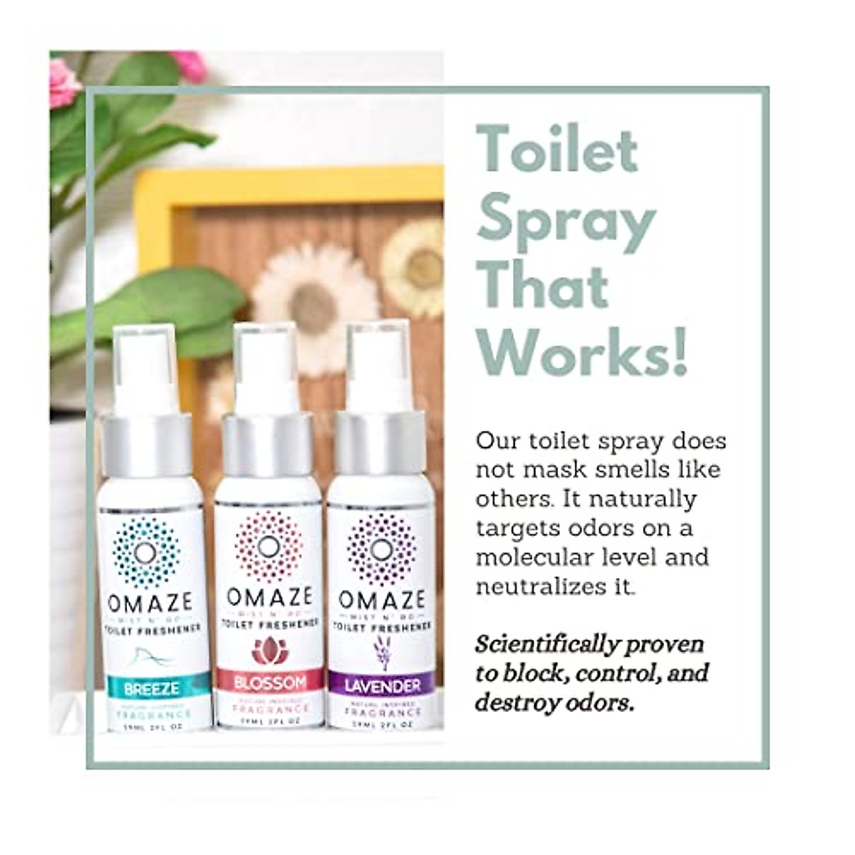 OMAZE Mist N Go Refresh Toilet Spray - Bathroom Spray Odor Eliminator - Toilet Smell Eliminator Deodorizer - Bathroom Smell Good Spray Women Men Odor Neutralizer Spray Fresheners - Breeze + Dream + Lavender + Fresh Linen + Blossom 0.68oz x5