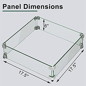 GASPRO 17.5" x 17.5" x 6" Fire Pit Wind Guard Square, Tempered Glass Firepit Table Shield, Thick and Sturdy, with Hard Aluminum Corner Bracket & Rubber Feet, Easy to Assemble