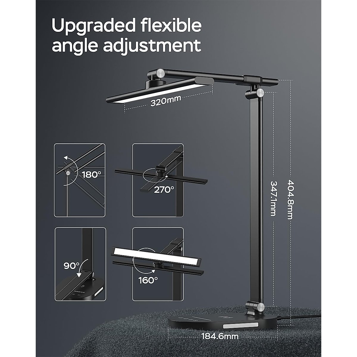 XREY LED Desk Lamp with Wireless Charger, USB Charging Port, Desk Lamp Touch Control Dimmable with 5 Color Modes & 5 Brightness, Eye Caring Desk Lamp, 2 Night Lights (Black)