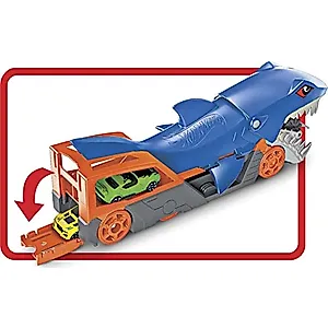 Hot Wheels Toy Car Shark Chomp Transporter & 1:64 Scale Car, Connects to Hot Wheels Track & Stores 5 Scale Vehicles