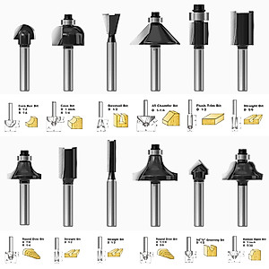 Fivepears 12 Pieces Tungsten Carbide Router Bit Set 1/4 Inch Shank for Beginners Woodworking, Include Straight, Dovetail, Chamfer, Cove, Flush Trim, Round Over, 90 V Grooving, Raised Panel Router Bit