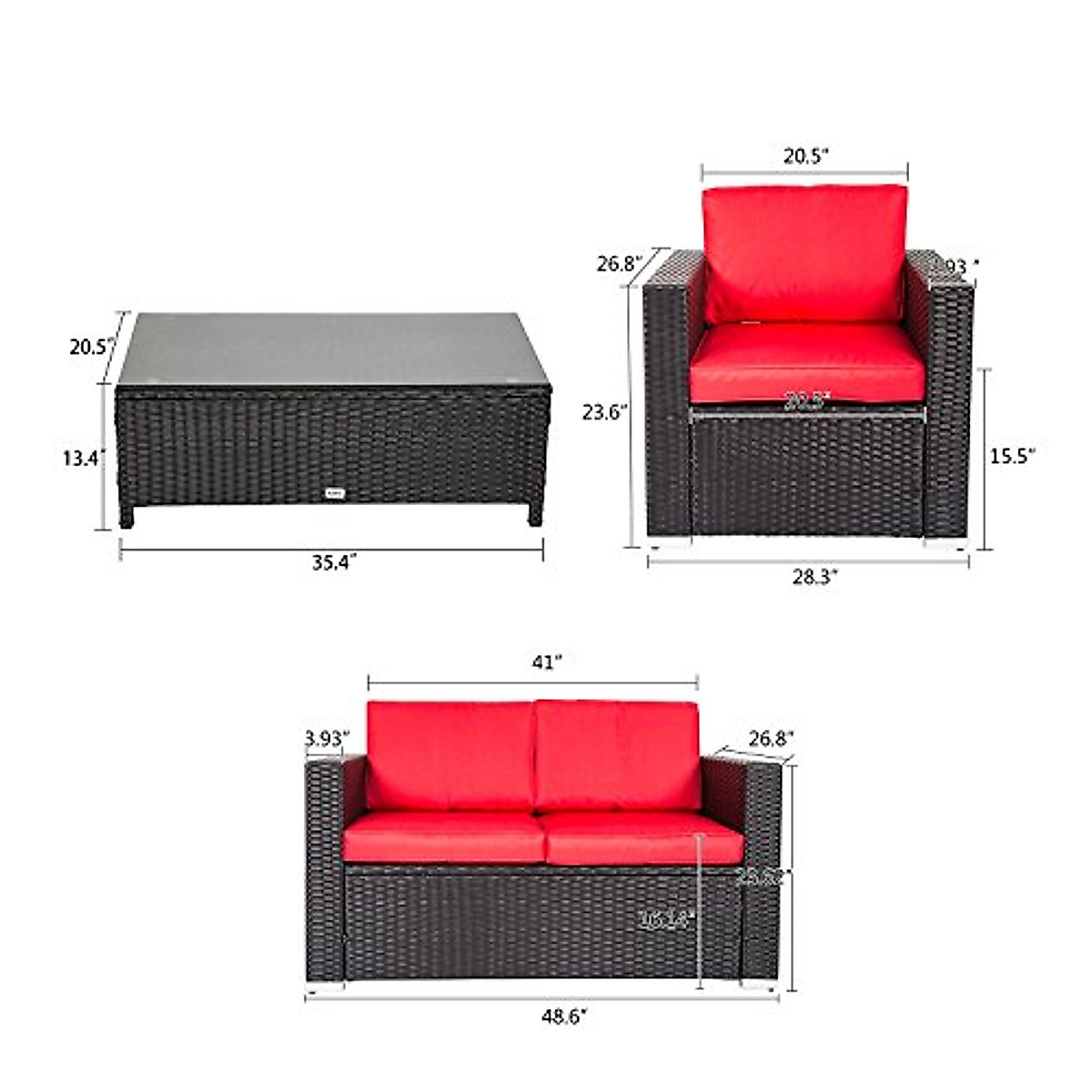 Peach Tree 4 PC Patio Furniture Sets PE Rattan Wicker Sofa Sectional Conversation Set with Washable Cushion and Coffee Table Deck Couch Set for Garden Outdoor(Red)