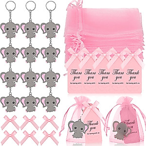 50 Sets Baby Shower Return Favors for Guests Elephant Theme Party Favors Elephant Keychains Organza Bags Thank You Tags and Bows for Girls Kids Birthday Party Supplies Gifts Souvenirs Decor (Pink)