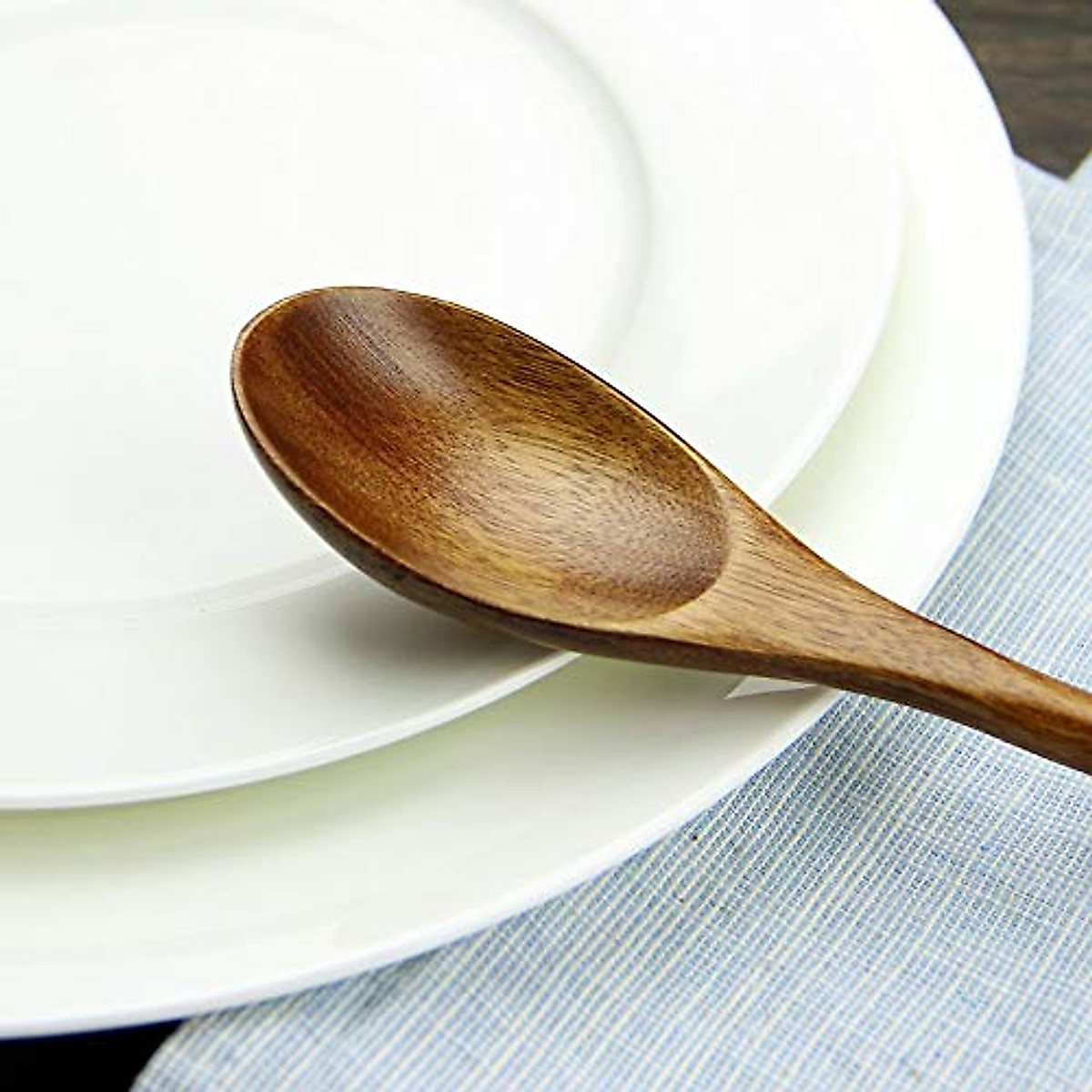Wooden Spoons, Wood Spoons for Eating, 6 Pieces Japanese Natural Plant Ellipse Wooden Ladle Spoon Set for Cooking Mixing Stirring Honey Tea Soda Dessert Coconut Bowl Nonstick Pots Kitchen,FDA Approved