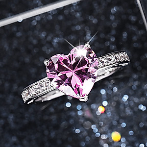 Women's Promise Rings Heart Shape Zirconia Diamond Engagement Eternity- Men's Punk Stacking Proposal Statement Anniversary Ring Bridal Wedding Band Rings Girl Jewelry Gift Size 6-10 (Pink, 9)