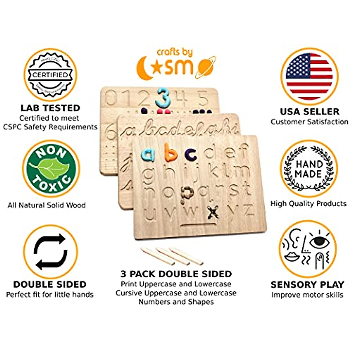 Montessori Pre Writing | Numbers | Print | Cursive | Alphabet Tracing Board with Wooden Pen