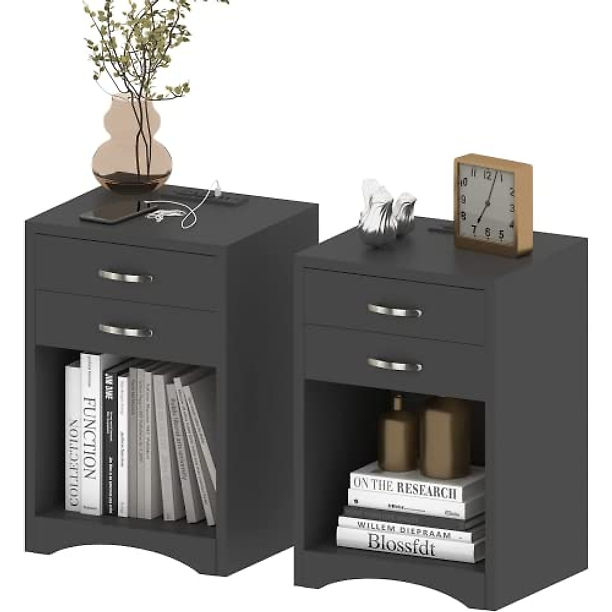hosote Nightstands Set of 2, Black Nightstand with Charging Station USB Port, Night Stand Bedside Table Bed Side Table End Table Sofa Table with Storage Drawers for Bedroom Living Room