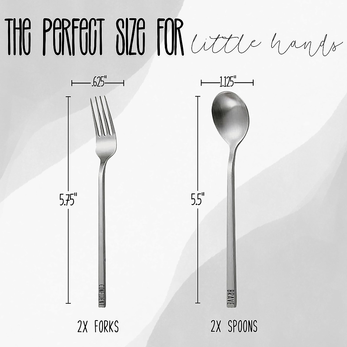 Toddler Spoons and Forks for Self Feeding | 4pc Stainless Steel Utensils Engraved with Positive Words to Encourage Eating | Ages 2-6 Kids Utensils