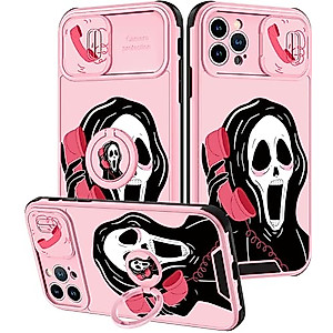 Goocrux (2in1 for iPhone 12 Pro Max Case Skull Skeleton for Women Girls Cute Girly Phone Cover Goth Design with Slide Camera Cover+Ring Holder Teen Cases for iPhone 12 ProMax 6.7''