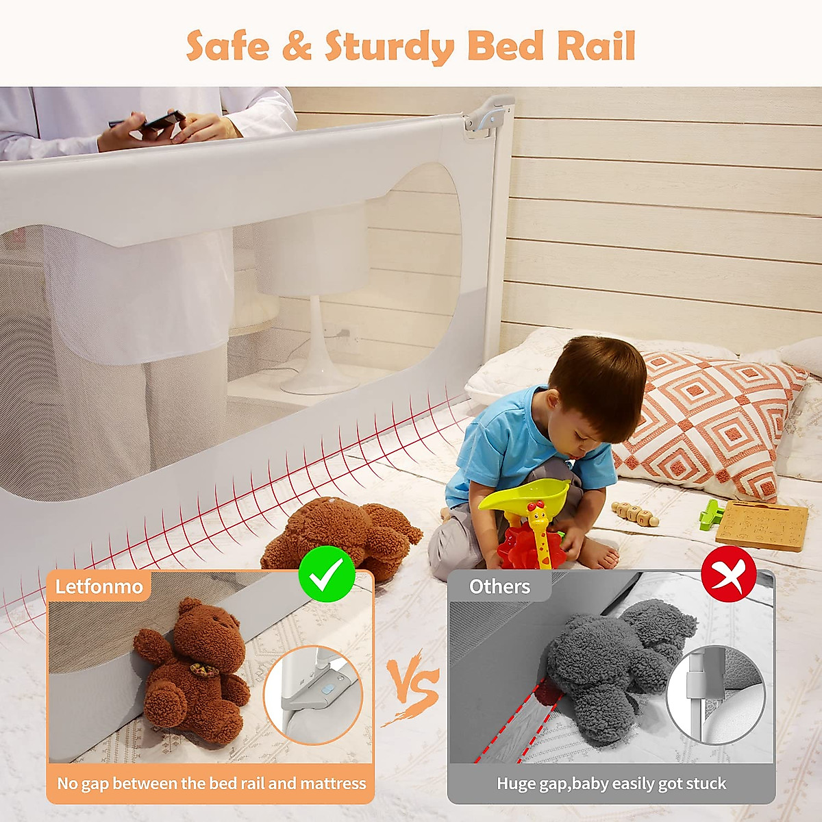 Letfonmo Bed Rail for Toddlers, 74.8" Baby Bed Rail Guard with Upgraded Durable Material, Sturdy Toddler Bed Rail No Gap, Easy to Install Bed Guard Rail for Queen King Twin Full Size Bed (1 Piece)