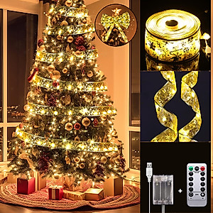 Lecone Christmas Tree Decorations, 2 Pack Christmas Ribbon Lights 40Ft 120 LED Copper Wire Fairy Lights with 8 Modes & Timer, USB or Battery Operated Christmas Lights for Tree Indoor (Warm Light)