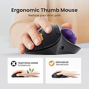 ProtoArc Wireless Trackball Mouse, EM04 Ergonomic Bluetooth Rollerball Mouse Rechargeable Computer Laptop Mouse, 3 Device Connection, Compatible with PC, iPad, Mac, Windows-Purple Ball