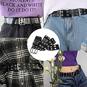 XZQTIVE Double Grommet PU Leather Belt for Women/Men Punk metal Jean Belt Wide 1.5 Inch, Black, Fit Pants 35-40 inch