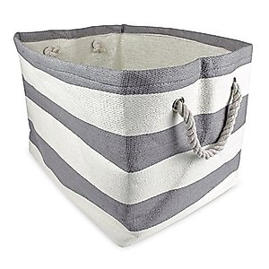 DII Durable Woven Striped Storage Bin Collapsible with Soft Rope Handles Reinforced with Metal Grommets, X-Large, 17x15x12", Solid Gray