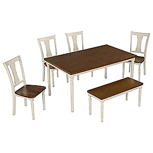 Merax 6-Piece Classic Wooden Dining Table Set with 4 Chairs and Bench for Kitchen, Family Furniture, 60 x 35.8 x 30 inch, Brown