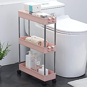 DILUOOU 3 Tier Slim Storage Cart, Mobile Shelving Unit Organizer Slide Out Rolling Storage Racks with Wheels, for Kitchen Bathroom Laundry Room Narrow Places，Pink