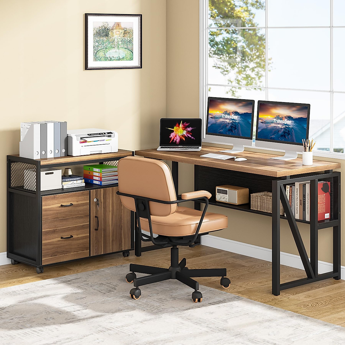 Tribesigns Desk with Drawer, 55" Long Computer Desk with Storage Rack and Mobile Document Cabinet, Home Office Furniture Set Executive Desk (Brown, 55" (Brown, 55)