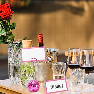 Whaline 60Pcs 2 Inch Disco Ball Table Number Holders Place Cards Set Pink Tented Cards Name Cards Stands with Heart Swirl Wire for Party Table Sign Display Supplies