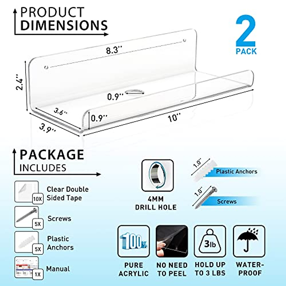 OAPRIRE Clear Acrylic Wall Shelf Set of 2, 10" Floating Book Shelves for Wall, Display Floating Wall Shelves for Bathroom, Bedroom, Kitchen