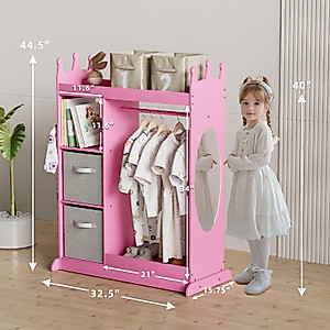 Glaf Kids Dress Up Storage with Mirror, Kids Armoire Wardrobe with 2 Storage Bin and 3 Hooks, Open Hanging Kids Closet for Girls Boys for Dress Up and Costumes (Pink)
