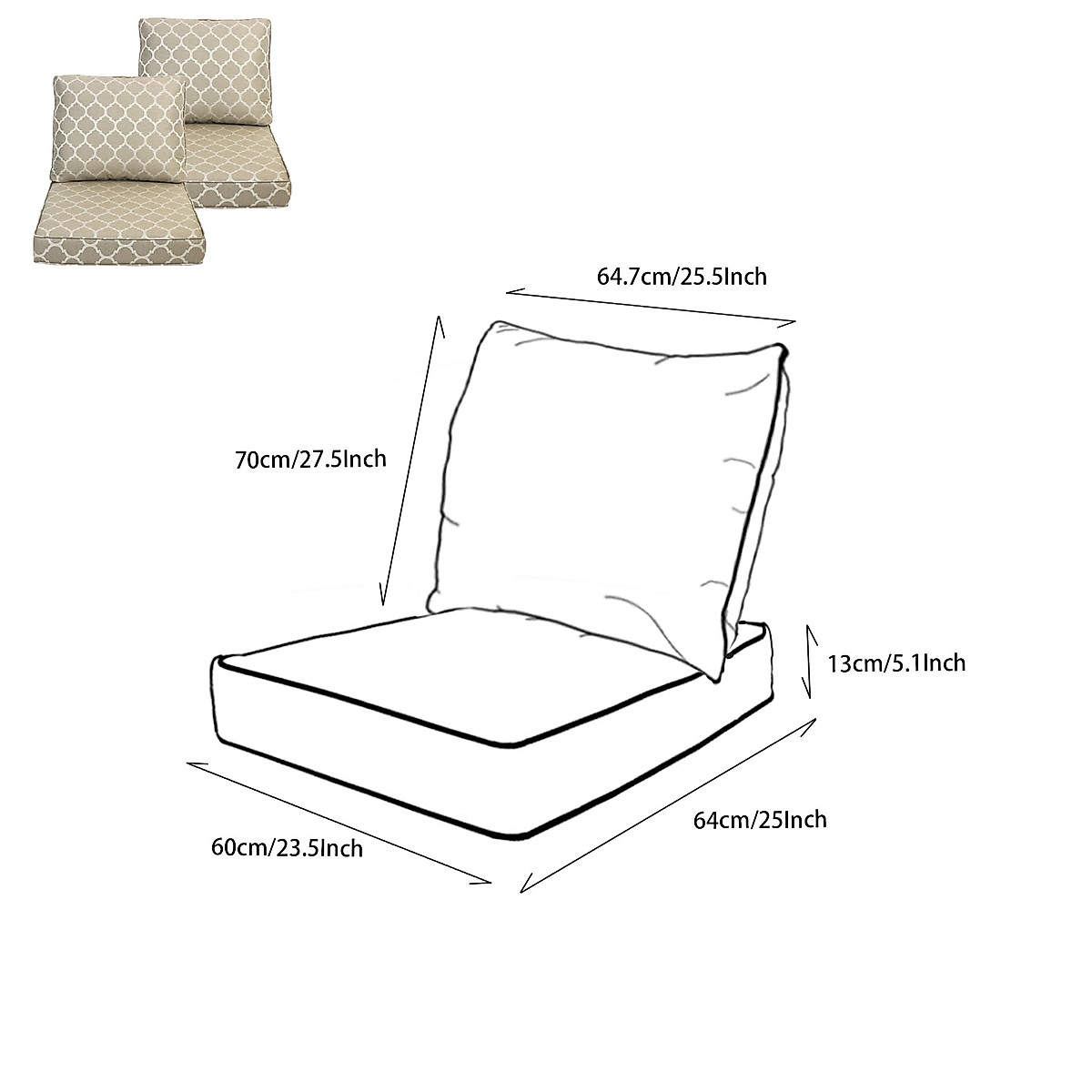 COZYVIDA Indoor/Outdoor Deep Seat Patio Cushions: Resilient Foam Filling, Weather Resistant Patio Cushions,seat(23.5x25x5.1 inch),Back(27x25 inch) 2 Sets,Toffee Trellis