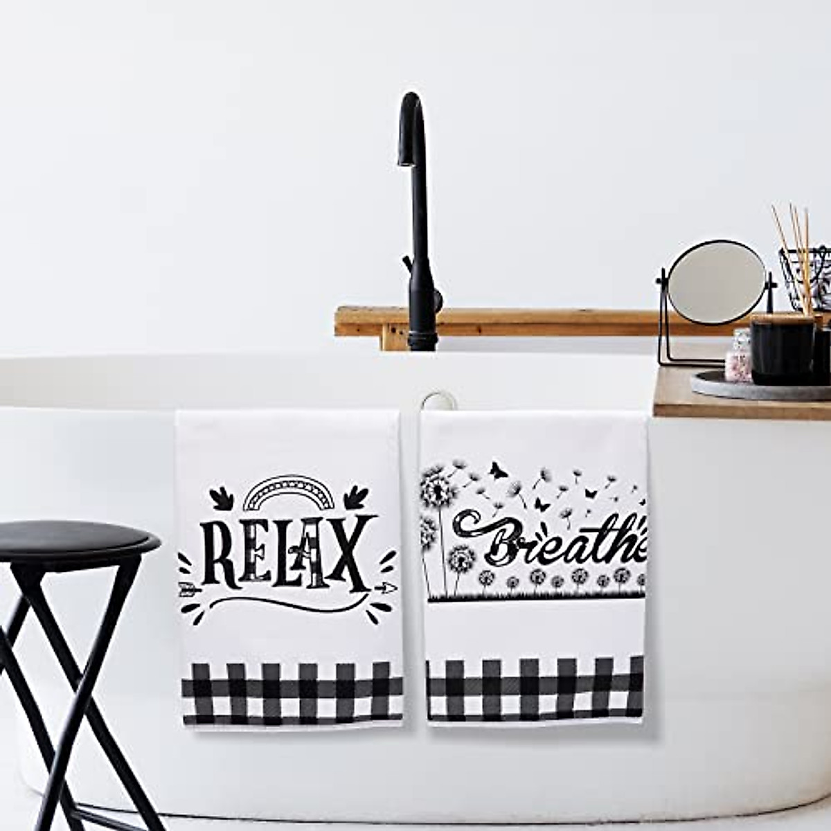 Rumia 4PCS Plaid Bathroom Hand Towels Black White Buffalo Plaid Farmhouse Bathroom Hand Towel Relax Soak Unwind Breathe Kitchen Dish Hand Towel Bath Towels Decorative Set for Bathroom Restroom Decor