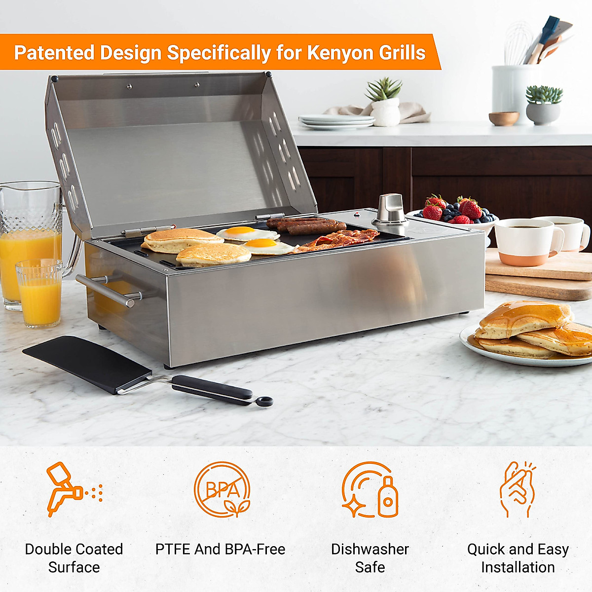 Kenyon Double Coated Non-Stick Griddle For Electric Grill, Cast Aluminum Griddle With Flat Surface, Patented Designed Specifically For Kenyon Grills, PTFE And BPA Free, Dishwasher Safe, Black