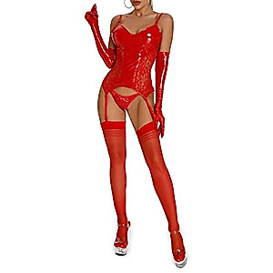 Jhaoyu Womens Latex Garter Bustier Tops with G-String Thong Set Wetlook PU Leather Catsuit Sexy Lingeries Red 3X-Large