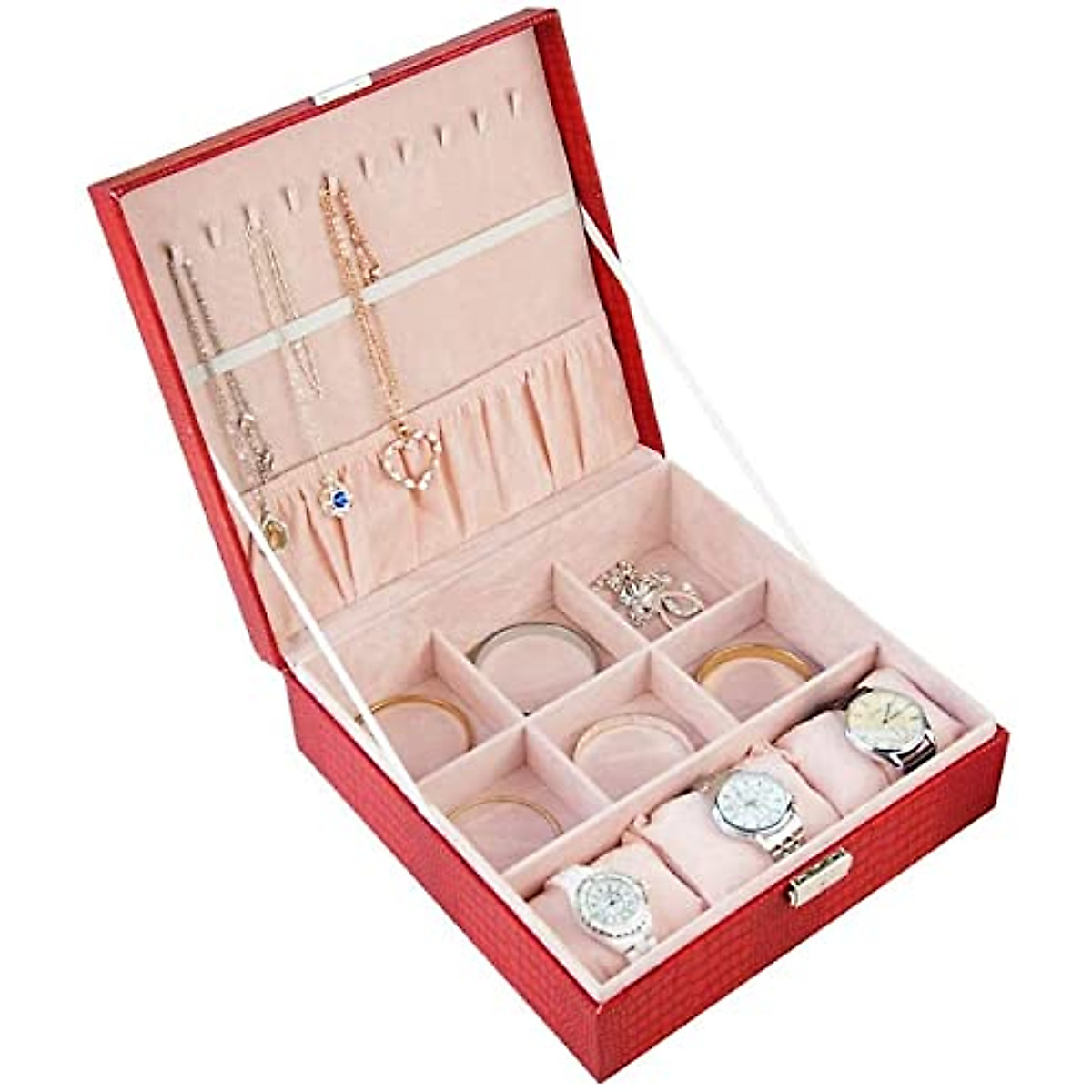 ZZYINH AN207 PU Exquisite Leather Jewlery Box Watch Box with Lock Packaging Jewlery Boxes Earrings Rings Bracelet Display Holder Case Small Jewelry (Color : Red)