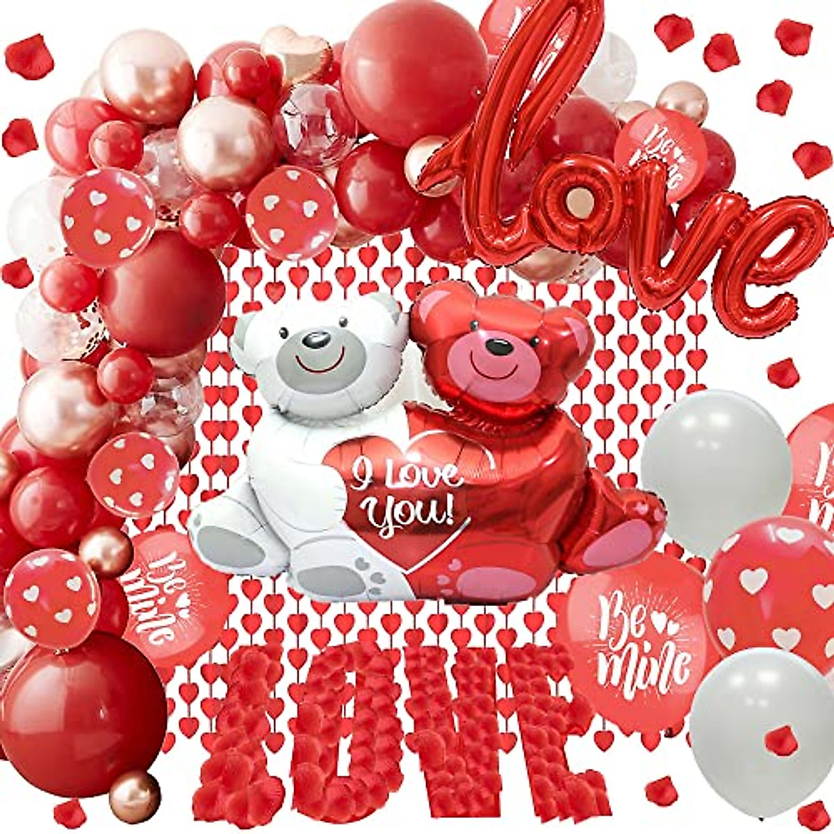 Valentine Day Balloon Decorations Kit, SCMDOTI Valentine Day Balloons Arch Garland with Red Love and Bear Foil balloon,1000pcs Rose Petals for Valentine Day Decorations, Romantic Night, Anniversary