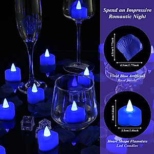 VIHOSE 4000 Pcs Artificial Rose Petals with 24 Pcs LED Tea Lights Candles Flameless LED Candles Fake Rose Petals for Proposal Wedding Birthday Party(Blue Light, Blue Petals)
