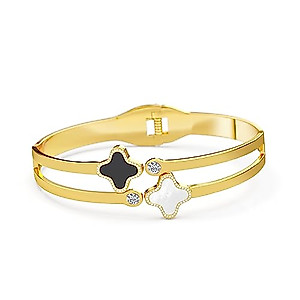 GFEEL 14K Gold Plated Bangle Bracelet, Leaf Clover Gold Bangle Bracelet for Women Black and White Shell Four-Leaf Clover Gold Plated Bracelets, Dainty Clover Bangle Bracelet. Cuff Bracelets for Women with Gift Box