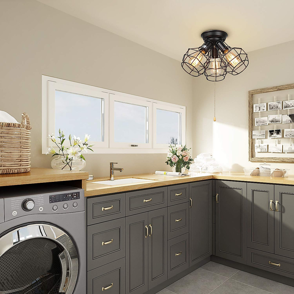 LOG BARN Ceiling Light Fixture with Pull Chain, Wire Cage Light Fixture in Black Finish for Bedroom, Kitchen Island, 15 inches