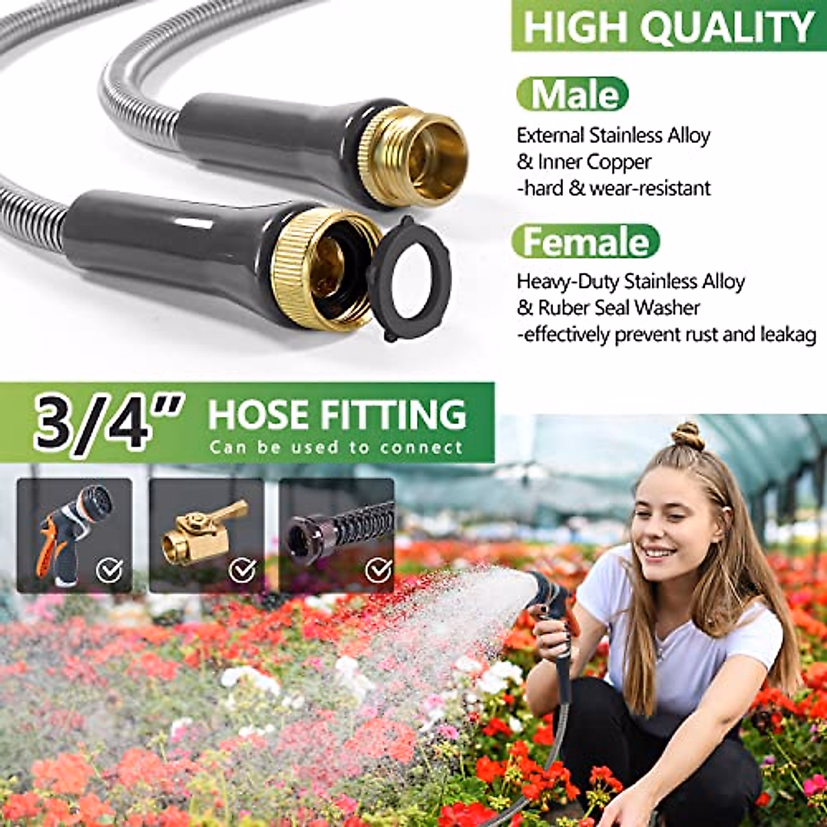 Short Stainless Steel Garden Hose 10 Ft – Lightweight Flexible Metal Garden Hose - Thorn Proof Steel Metal Water Hose with Solid Fittings for Garden, Outdoor Use (10ft)